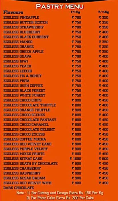 Menu at Palace Pastry, Mysuru