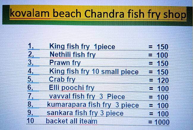 Menu of Chandra Fish Shop, Kovalam, Chennai