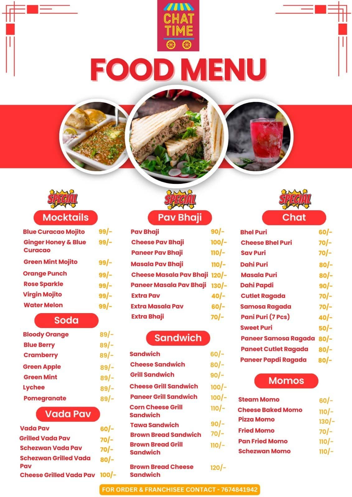 Menu of Chat Time, Varthur Main Road, Whitefield, Bangalore