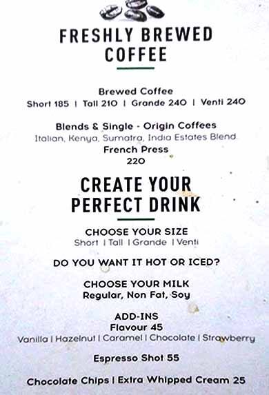 Menu at Starbucks, New Delhi, Shivaji Stadium Metro Delhi