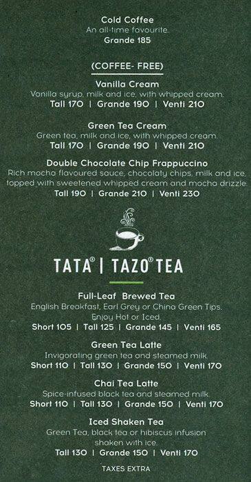 Menu at Starbucks, New Delhi, E -29
