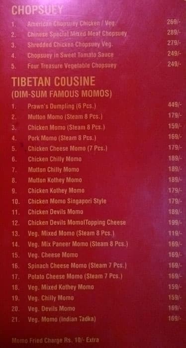 Menu at Kalsang, Dehradun, Dehradun