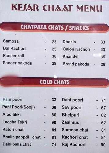 Menu at Kesar, Bengaluru