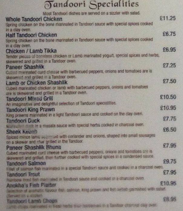 Menu at Anokha restaurant, London, 15 Churchfield Rd