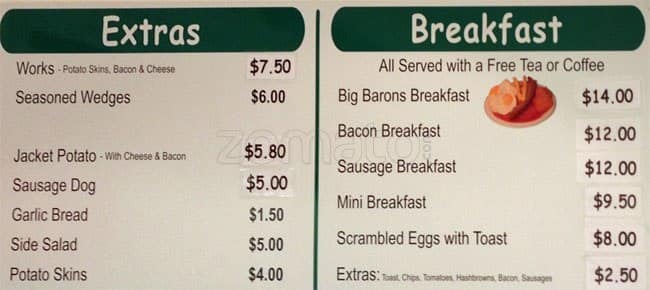 Menu at Baron Of Beef, Wellington