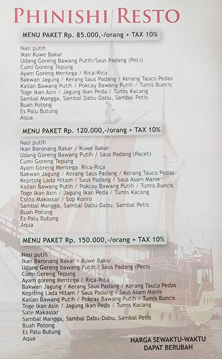 Carta del restaurante Phinisi Resto Khas Makasar, South Jakarta