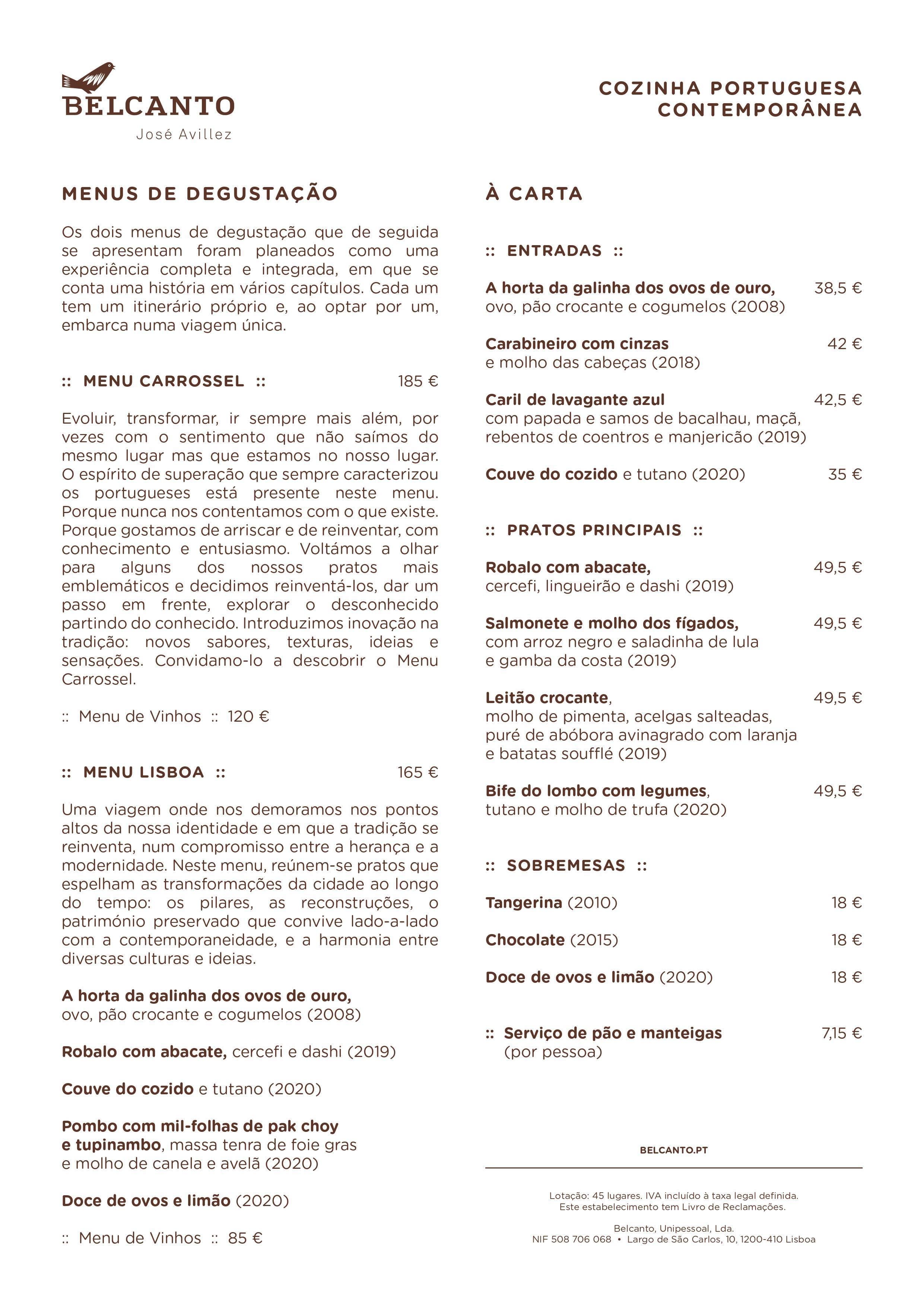 Menu em Belcanto restaurante, Lisboa, Largo de São Carlos