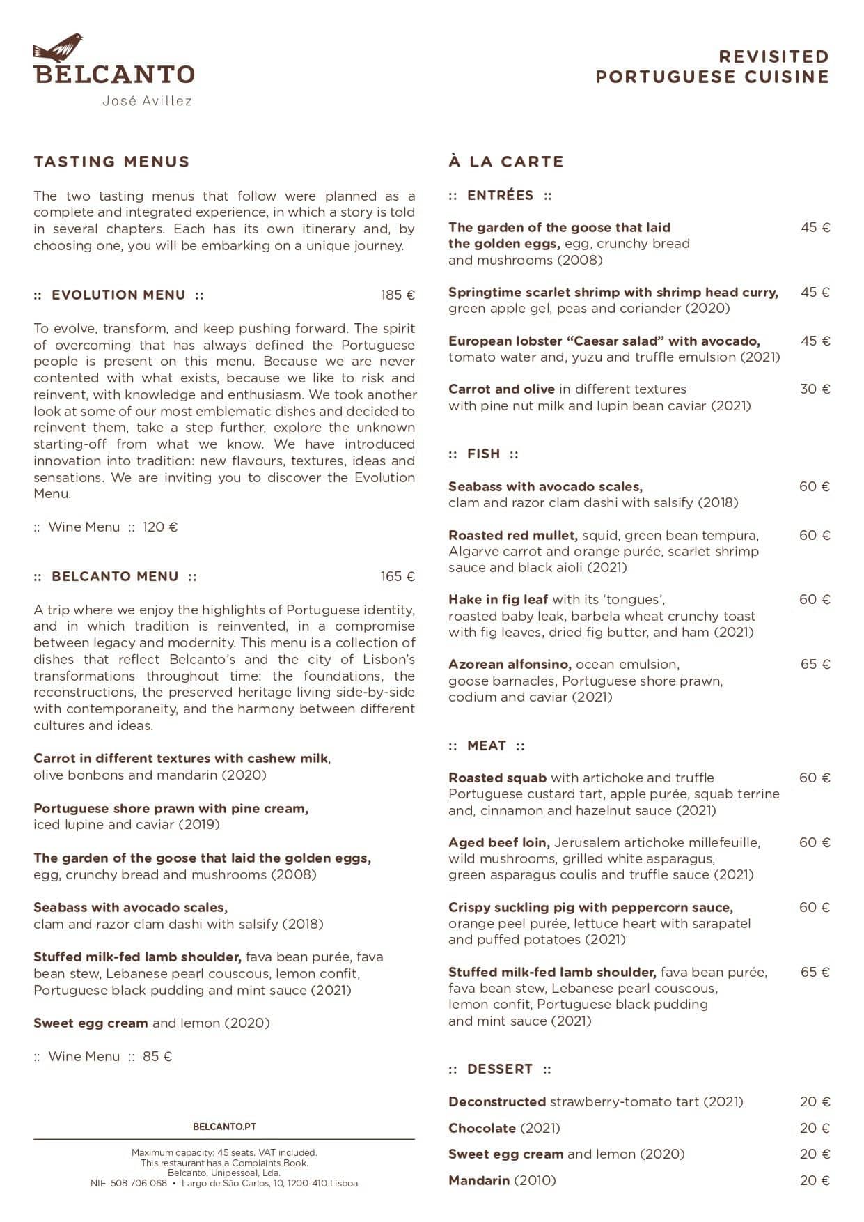 Menu at Belcanto restaurant, Lisbon, R. Serpa Pinto 10A