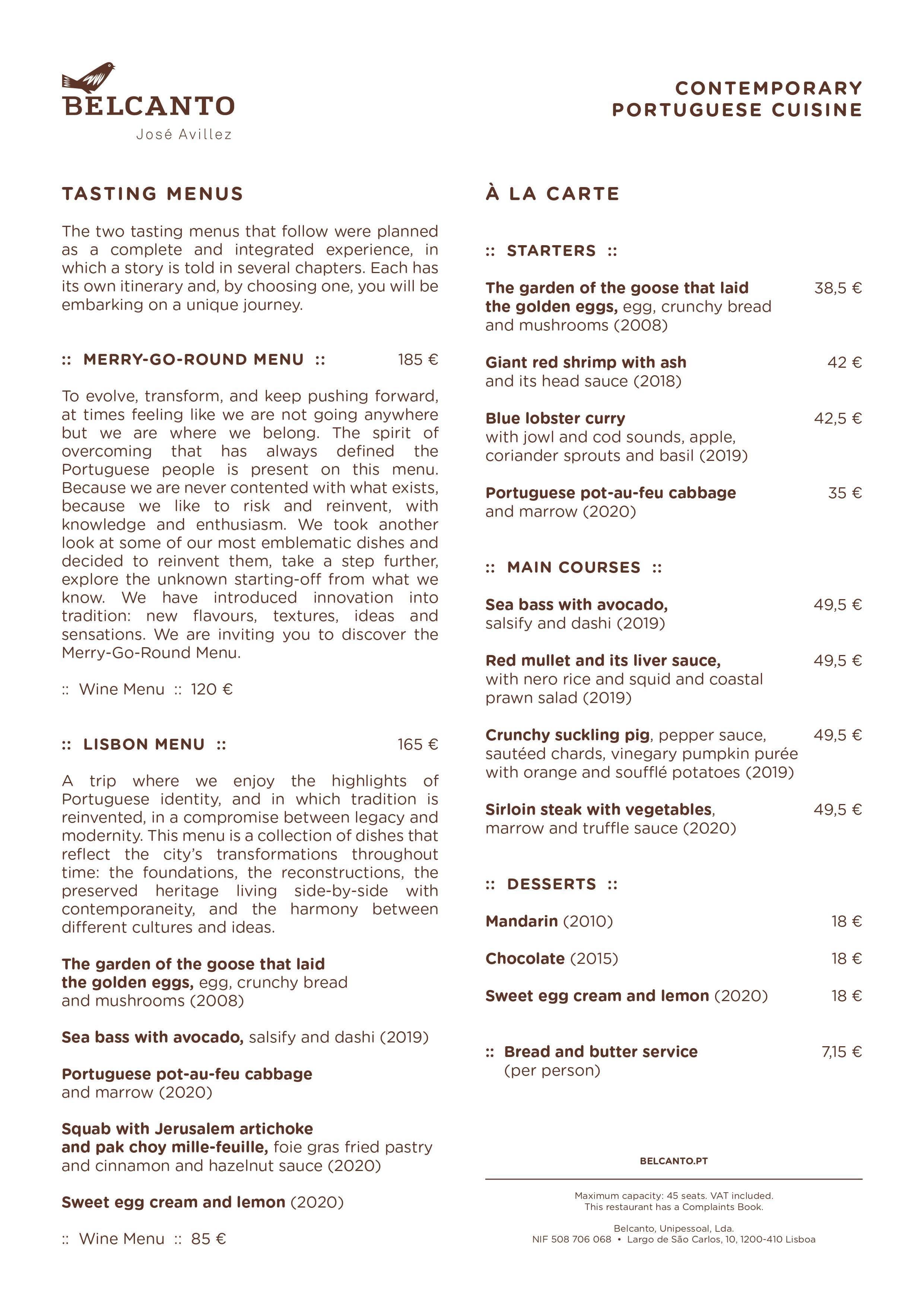 Menu em Belcanto restaurante, Lisboa, Largo de São Carlos