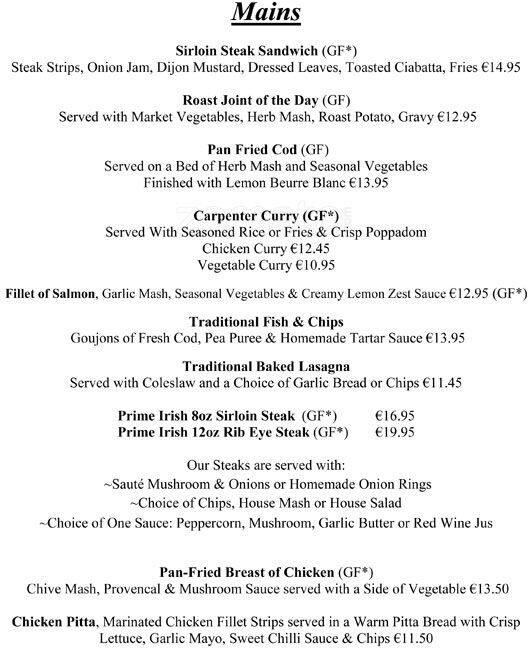 Menu at The Carpenter pub & bar, Dublin