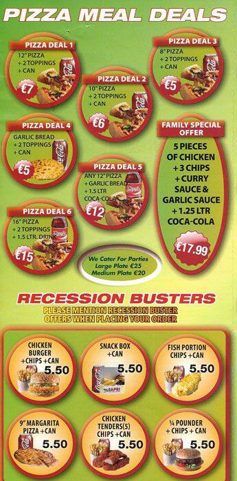 Menu at Capri fast food, Dublin, 40 Sundrive Rd