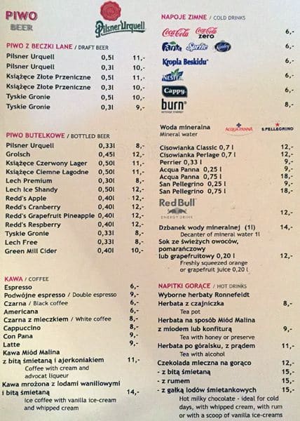 Menu at Miód Malina Restaurant, Kraków
