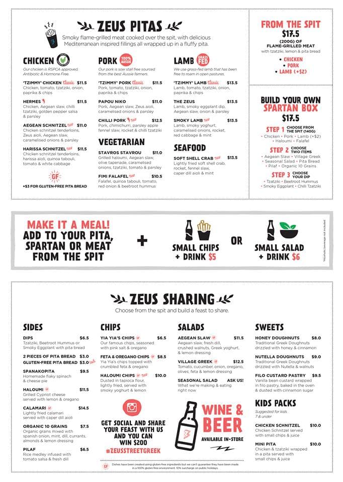 Menu at Zeus Street Greek Cronulla restaurant, Cronulla