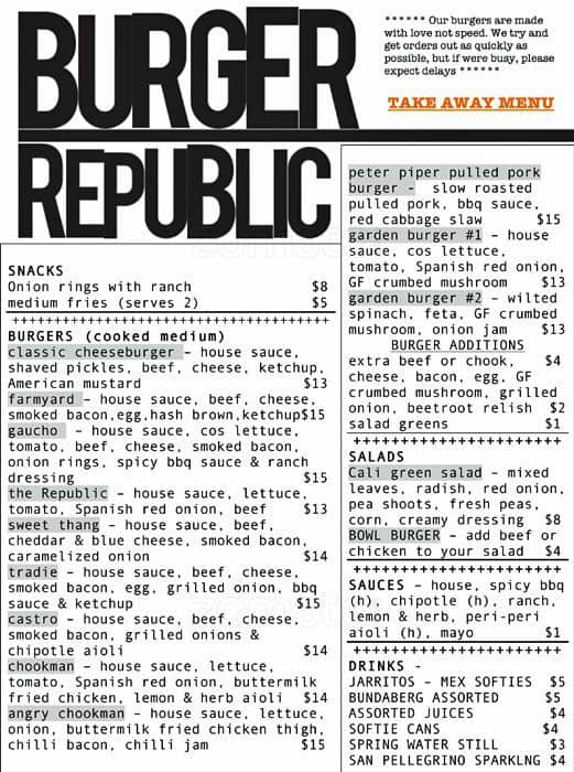 Menu at Burger Republic, Adelaide
