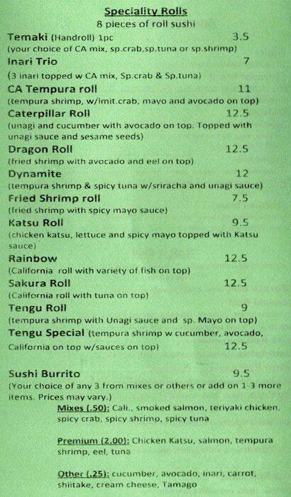 Menu at Tengu Sushi restaurant, San Jose, 111 Paseo de San Antonio