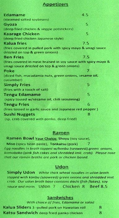 Menu at Tengu Sushi restaurant, San Jose, 111 Paseo de San Antonio