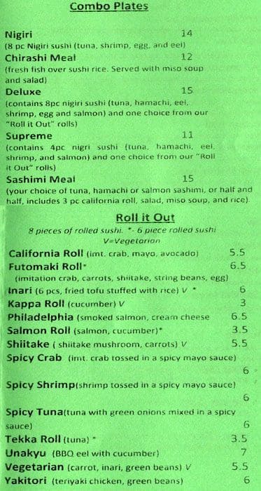 Menu at Tengu Sushi restaurant, San Jose, 111 Paseo de San Antonio