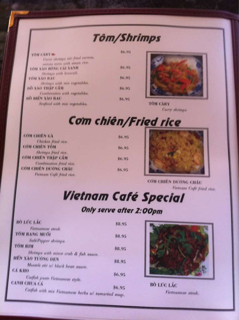 Menu at Vietnam Cafe, Kansas City, 522 Campbell St
