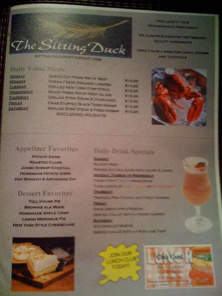 Menu at Sitting Duck restaurant, Long Branch
