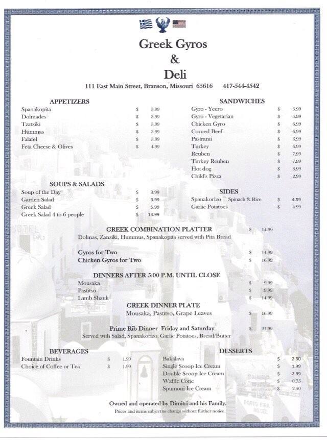 Menu at Dimitri's Greek Gyros restaurant, Branson