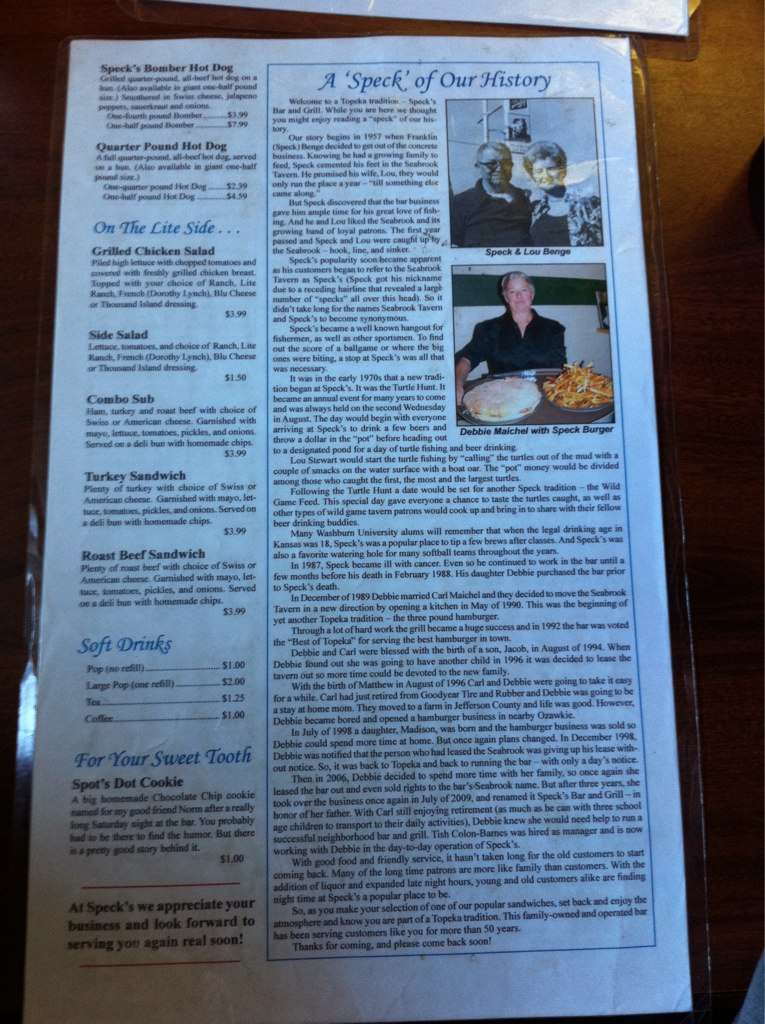 Menu at Specks Bar & Grill, Topeka