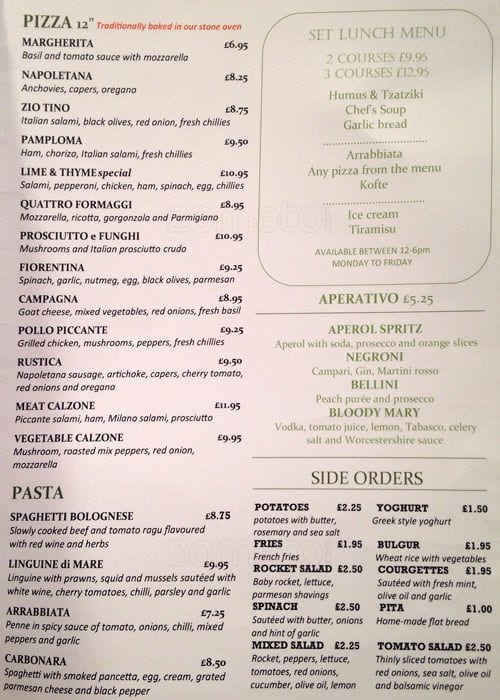 Menu at Lime and Thyme restaurant, London