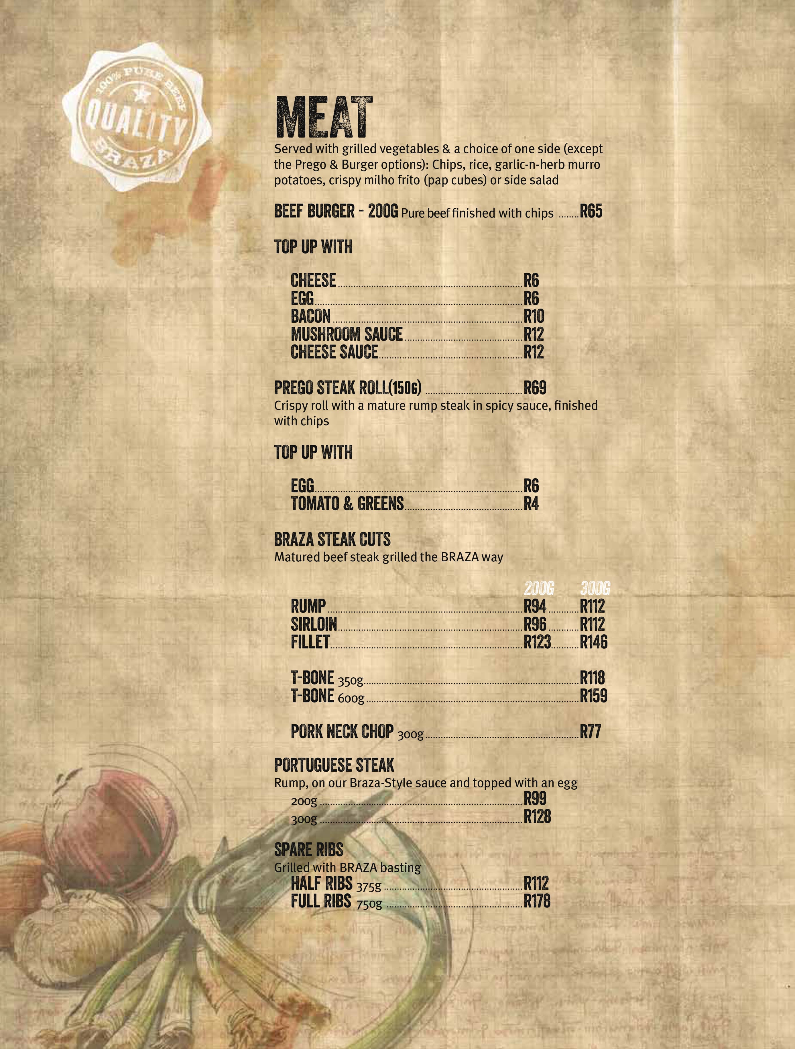 Menu at Braza restaurant, Bloemfontein, Loch Logan