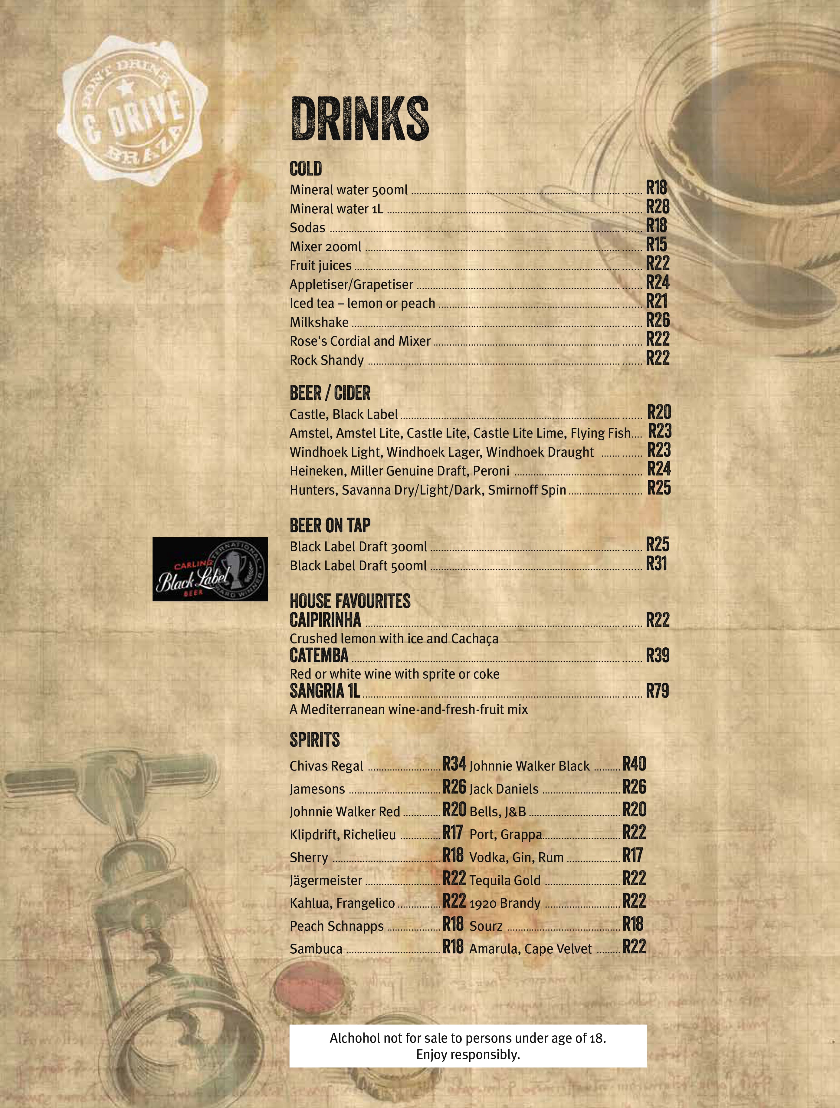 Menu at Braza restaurant, Bloemfontein, Loch Logan