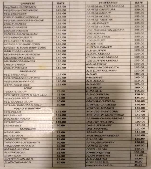 Menu of Anand, Bistupur, Jamshedpur