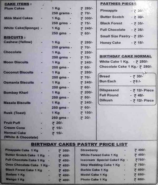 Menu of Bangalore Iyangars Bakery, Miyapur, Hyderabad