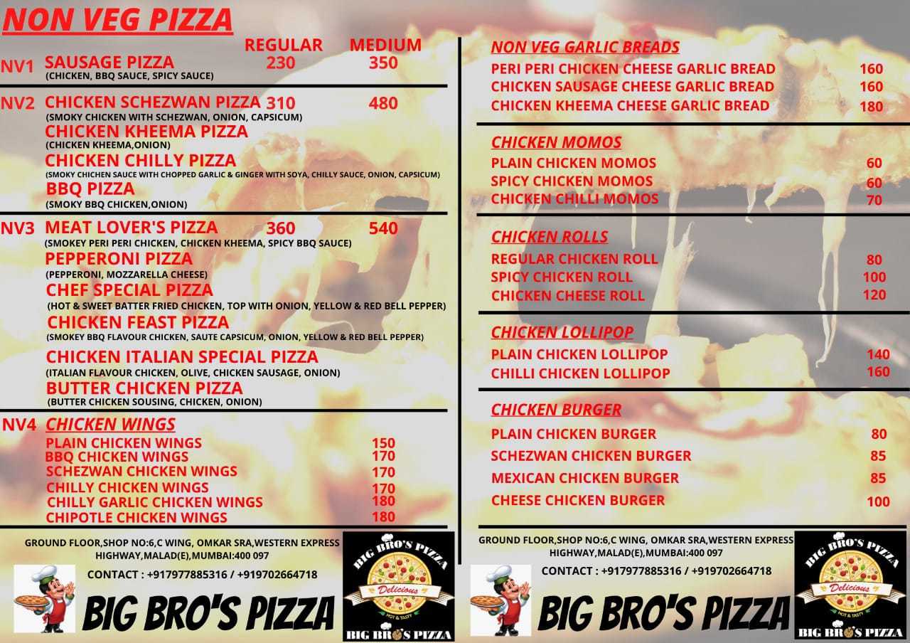 Menu of Big Bro's Pizza, Malad East, Mumbai