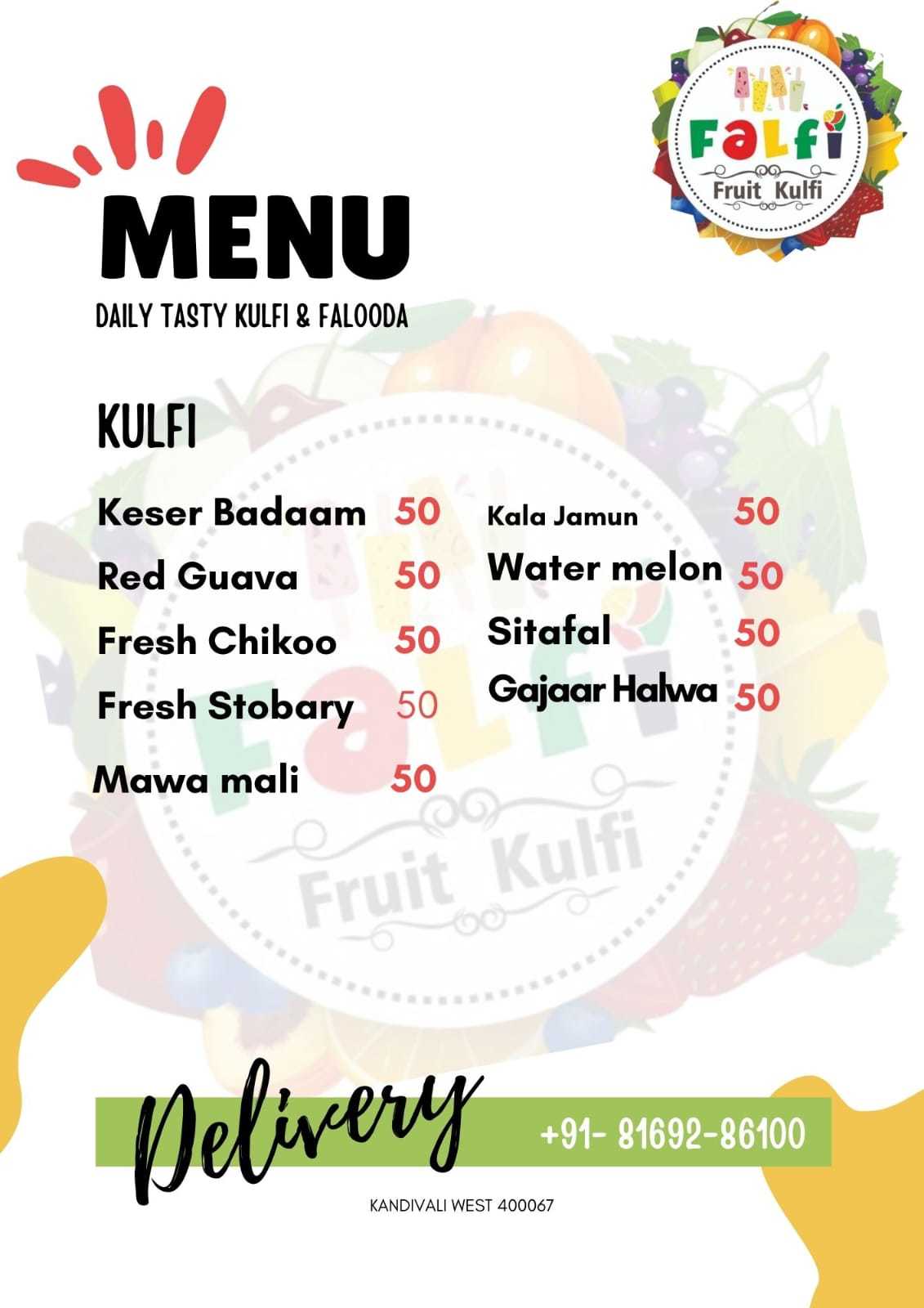 Menu of Falfi Fruit Kulfi, Kandivali West, Mumbai