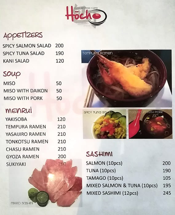 Menu at Hocho Japanese Restaurant, Manila