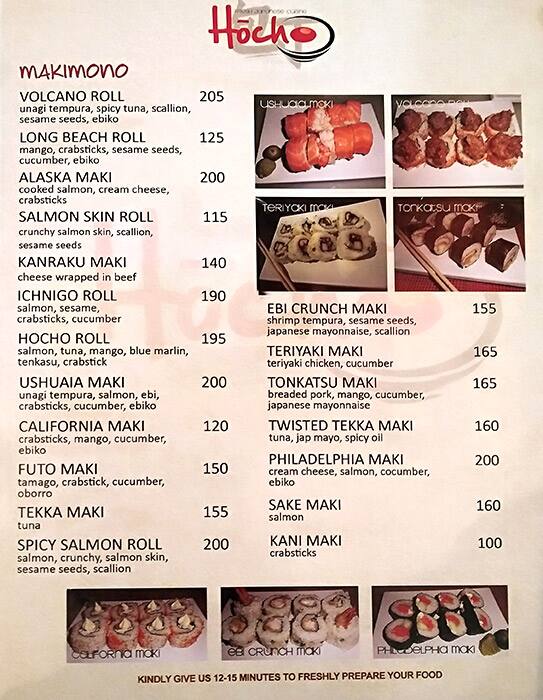 Menu at Hocho Japanese Restaurant, Manila