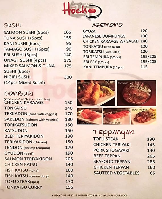 Menu at Hocho Japanese Restaurant, Manila