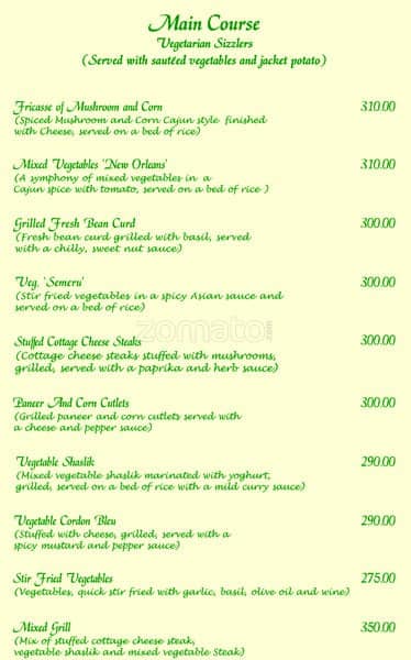 Menu at Tangerine, Chennai, 2
