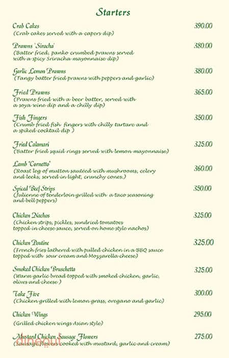 Menu of Tangerine, Alwarpet, Chennai