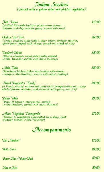 Menu at Tangerine, Chennai, 2