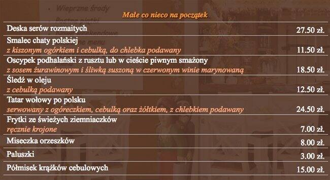 Menu at Restauracja Chata Polska restaurant, Warsaw, Dzieci Warszawy 27A