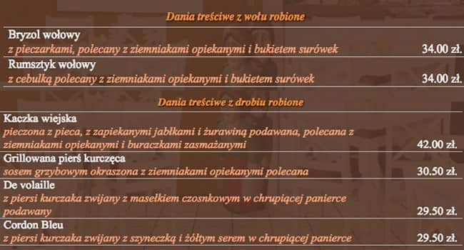 Menu at Restauracja Chata Polska restaurant, Warsaw, Dzieci Warszawy 27A