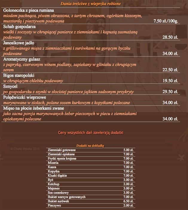 Menu at Restauracja Chata Polska restaurant, Warsaw, Dzieci Warszawy 27A