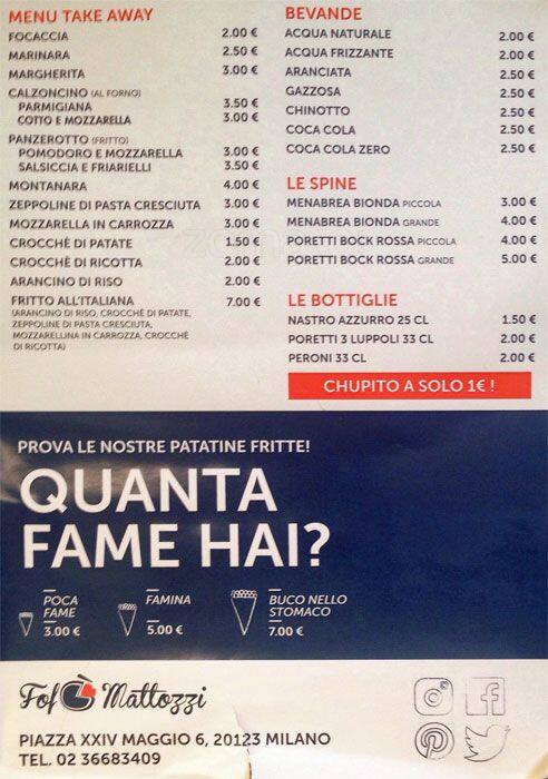Menu da Fofò Mattozzi pizzeria, Milano, P.za Ventiquattro Maggio