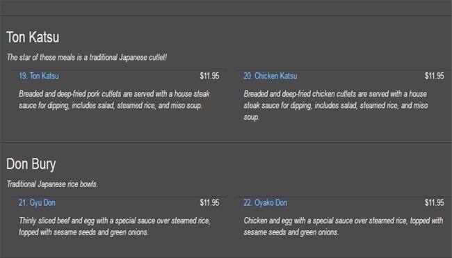 Menu at Sushi Kimu restaurant, Calgary