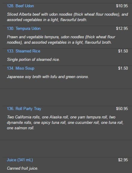 Menu at Sushi Kimu restaurant, Calgary