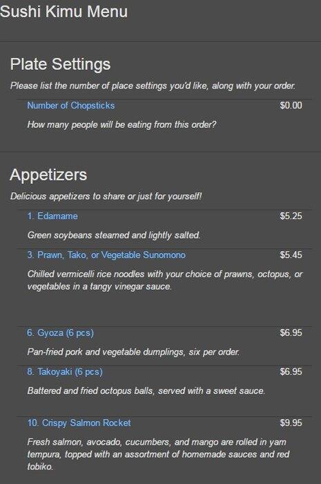 Menu at Sushi Kimu restaurant, Calgary