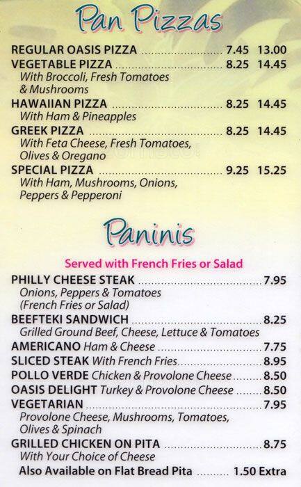 Menu at The Oasis Cafe, New York City, 196-30 Northern Blvd