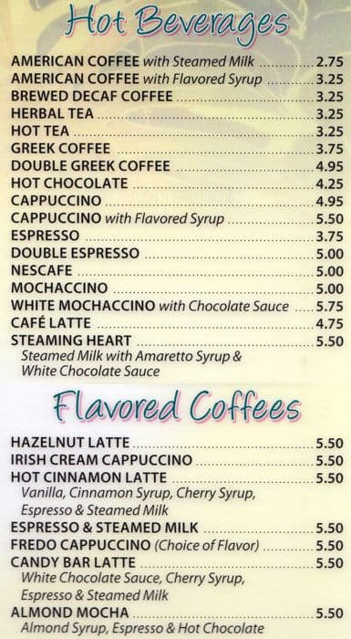 Menu at The Oasis Cafe, New York City, 196-30 Northern Blvd