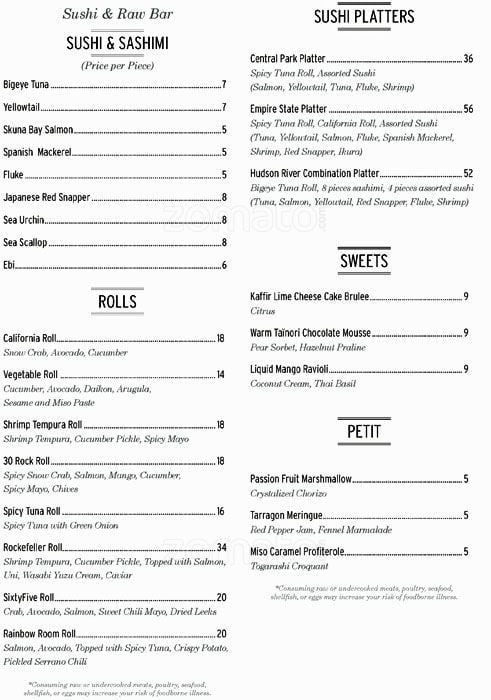 Menu at Rainbow Room restaurant, New York City, 30 Rockefeller Plz