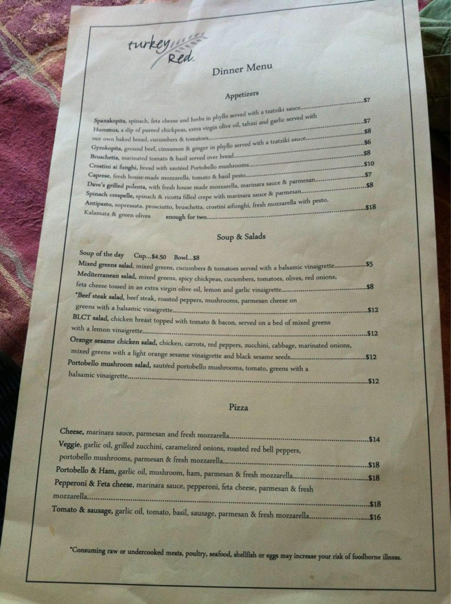 Menu at Turkey Red cafe, Palmer