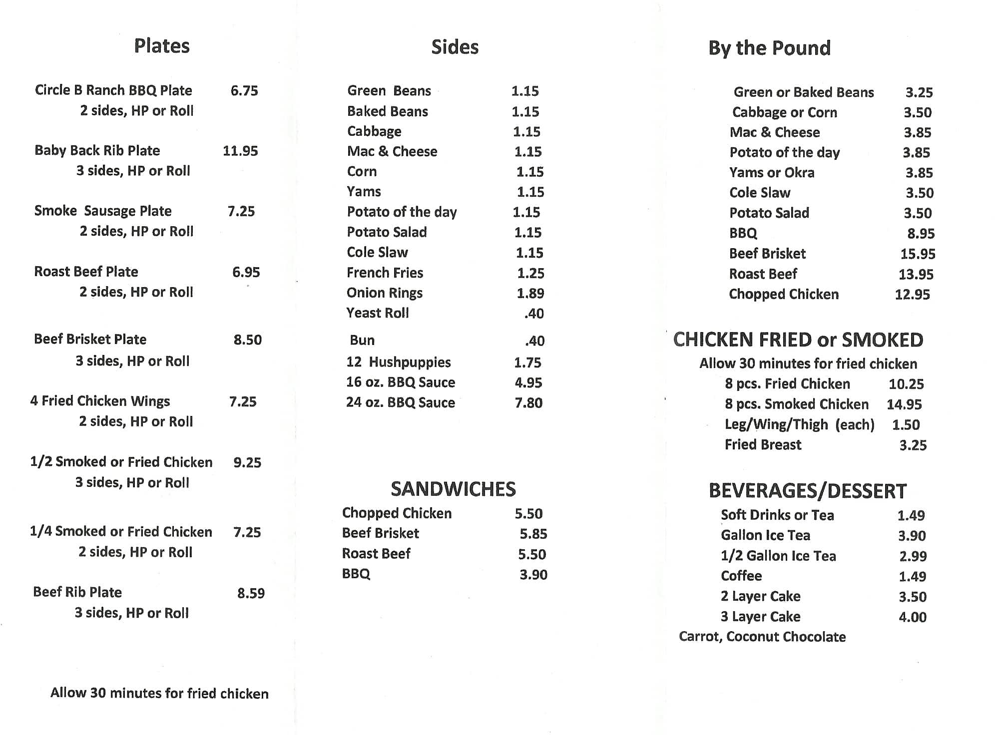 Menu at Circle B Ranch BBQ, Fletcher